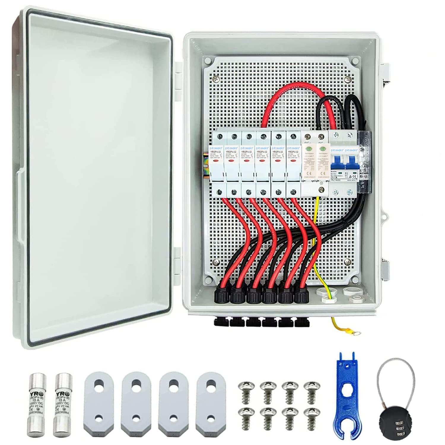 Pikasola PV Combiner Box, 6 String Solar Combiner Box with 15A LED Fuse, Lightning Arreste and 63A Air Circuit Breaker，Combiner Box for Solar Panel On/Off Grid System, IP65 Water Resistant