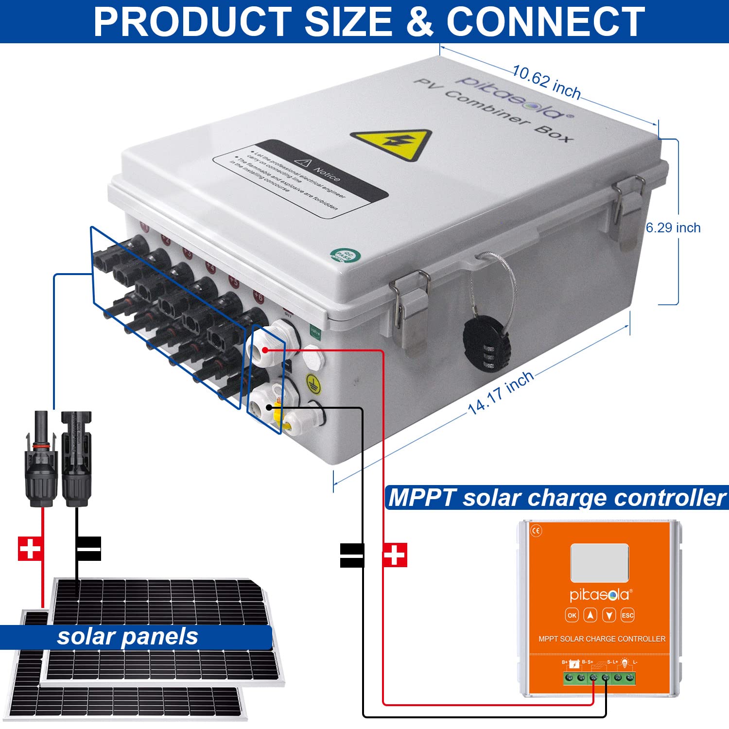 Pikasola PV Combiner Box, 6 String Solar Combiner Box with 15A LED Fuse, Lightning Arreste and 63A Air Circuit Breaker，Combiner Box for Solar Panel On/Off Grid System, IP65 Water Resistant