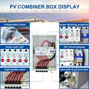 Pikasola PV Combiner Box, 6 String Solar Combiner Box with 15A LED Fuse, Lightning Arreste and 63A Air Circuit Breaker，Combiner Box for Solar Panel On/Off Grid System, IP65 Water Resistant