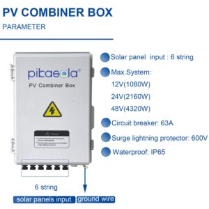 Pikasola PV Combiner Box, 6 String Solar Combiner Box with 15A LED Fuse, Lightning Arreste and 63A Air Circuit Breaker，Combiner Box for Solar Panel On/Off Grid System, IP65 Water Resistant