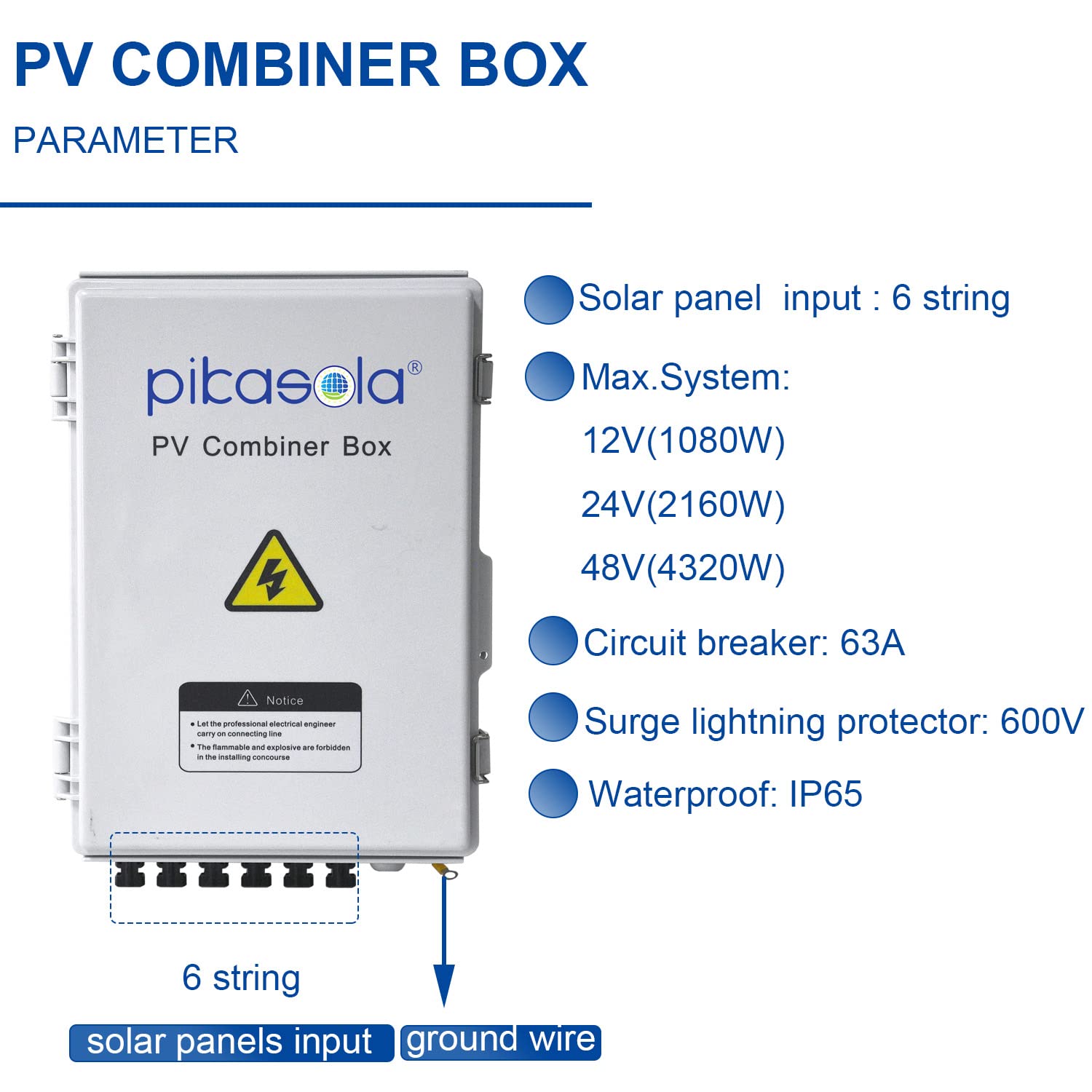 Pikasola PV Combiner Box, 6 String Solar Combiner Box with 15A LED Fuse, Lightning Arreste and 63A Air Circuit Breaker，Combiner Box for Solar Panel On/Off Grid System, IP65 Water Resistant