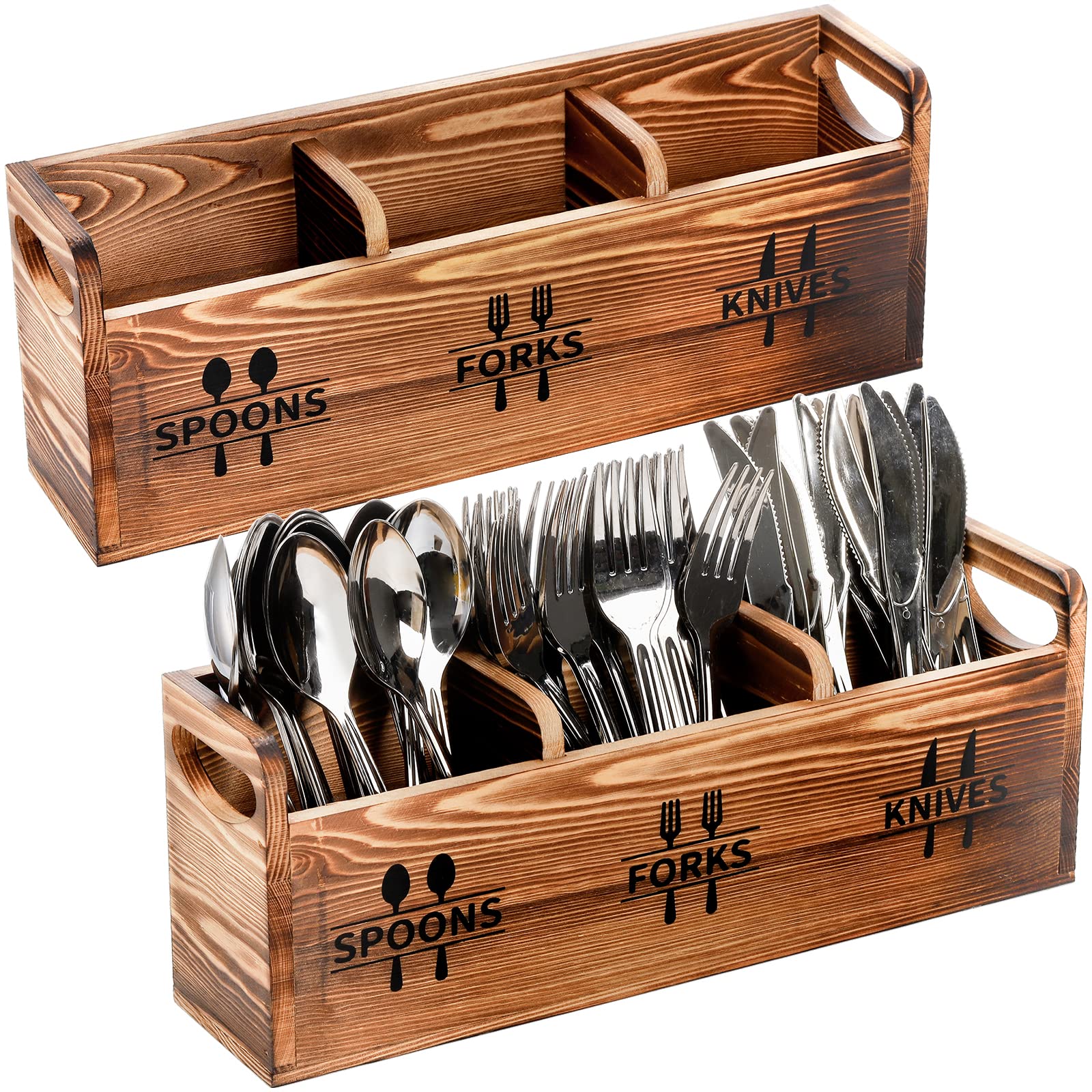 Fasmov 2 Pack Silverware Caddy, Wooden Utensil Caddy Silverware Cutlery Holder with 3 Compartment, Utensil Holder for Spoons, Knives, Forks, Perfect for Farmhouse Kitchen Decor and Countertop