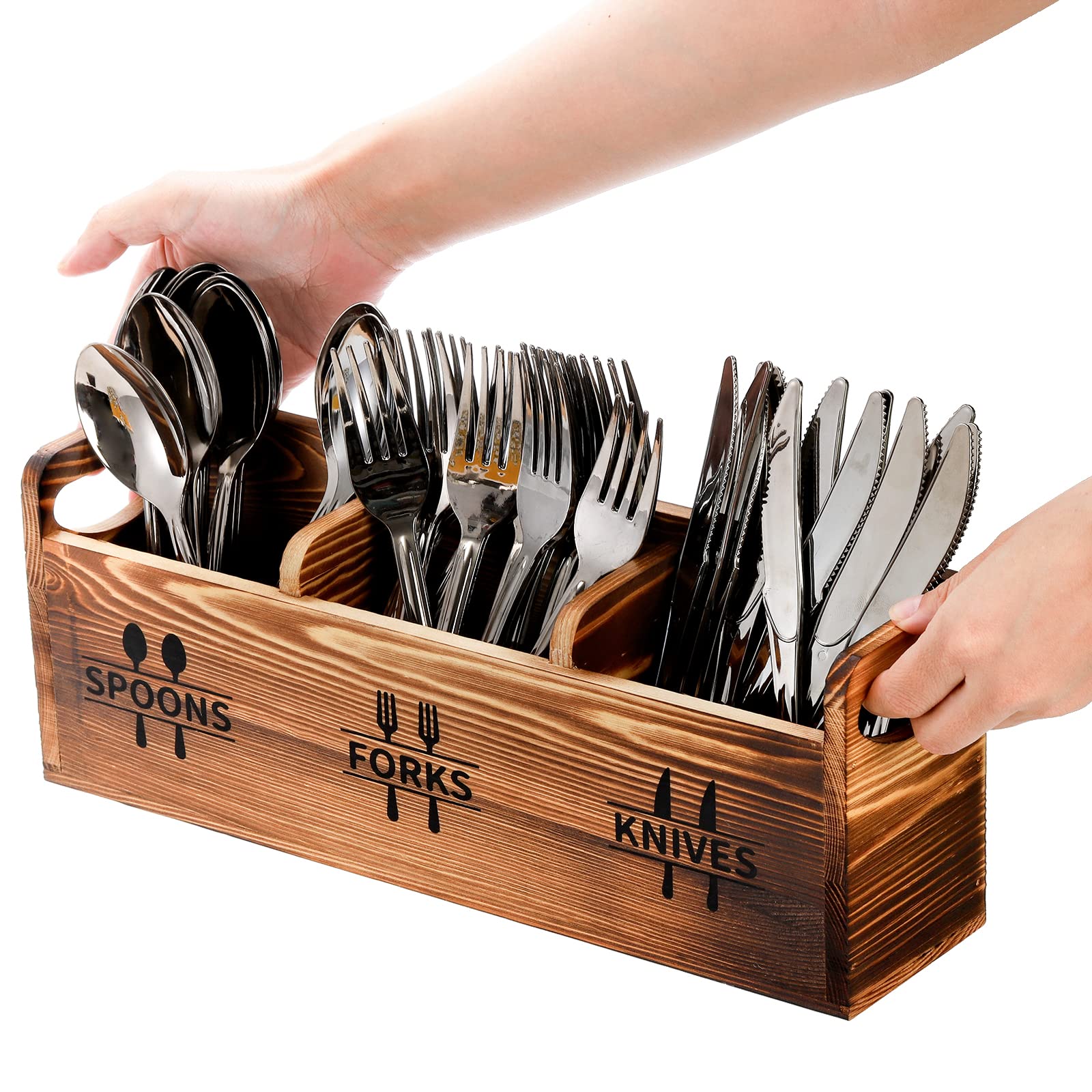 Fasmov 2 Pack Silverware Caddy, Wooden Utensil Caddy Silverware Cutlery Holder with 3 Compartment, Utensil Holder for Spoons, Knives, Forks, Perfect for Farmhouse Kitchen Decor and Countertop