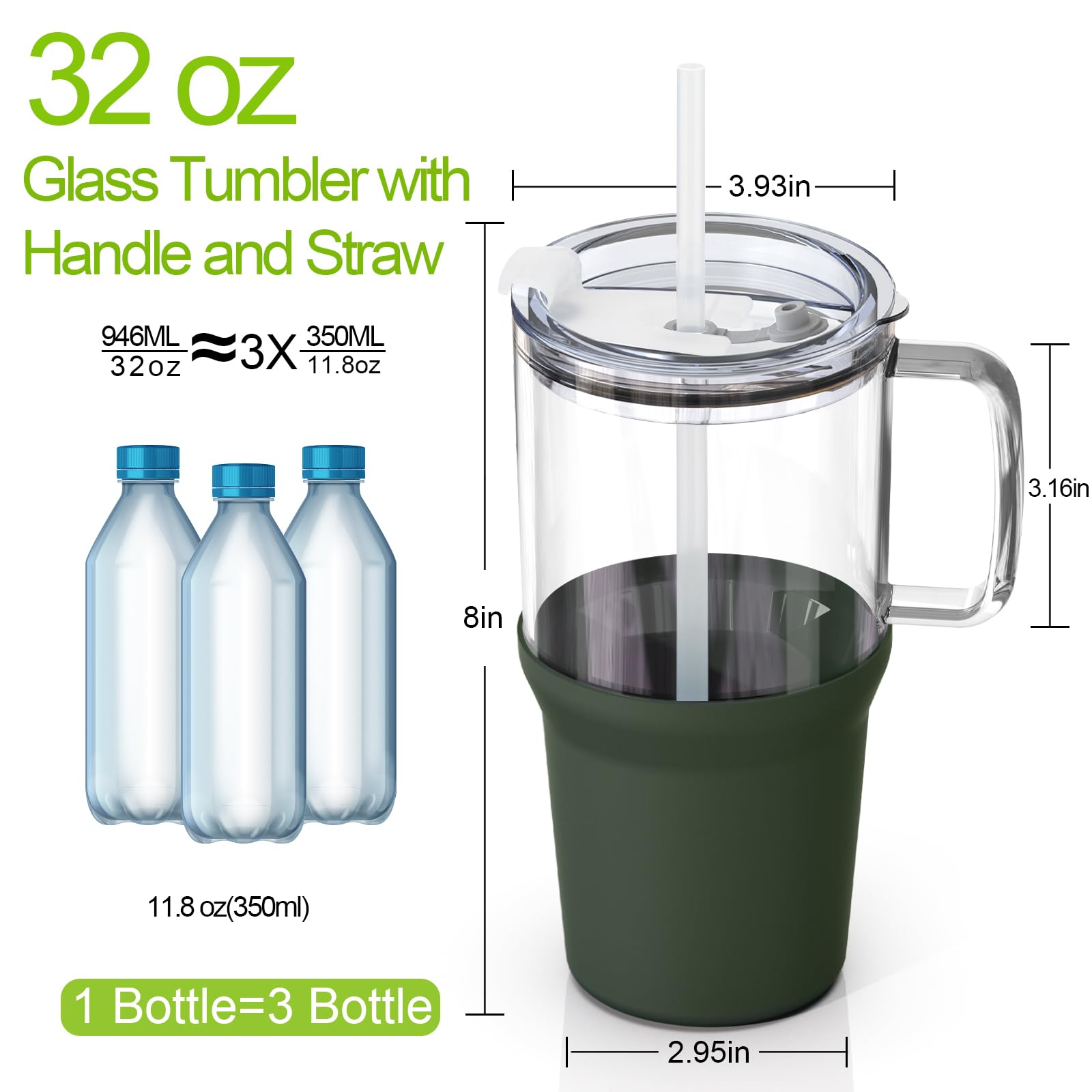 Zenbo Glass Tumbler with Lid and Straw, 32 oz Iced Coffee Cup with Handle, Glass Water Bottles with Silicone Sleeve, Glass Cup with Straws,BPA free