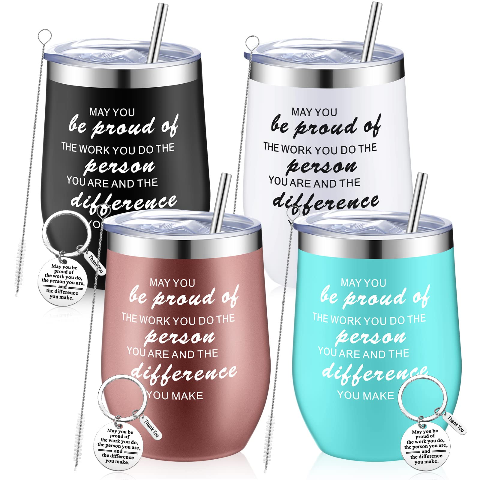 8 Pcs Employee Appreciation Gifts Bulk 4 Stainless Steel Tumbler with 4 Thank You Keychain Thank You Gifts for Women Men Coworker Friends Motivational Inspirational Wine Tumbler 12 Oz, 4 Colors