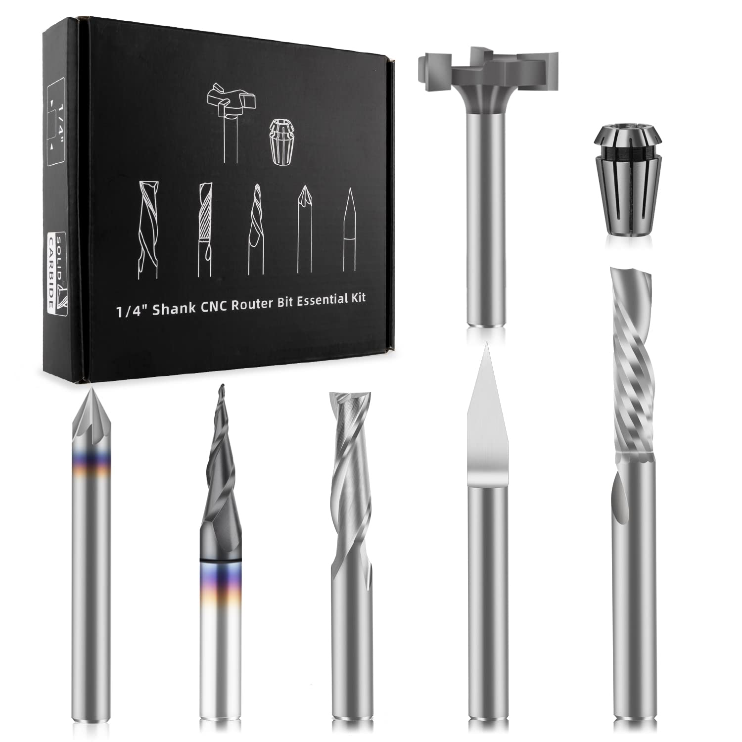 FoxAlien 1/4" Shank CNC Router Bit Essential Kit Includes 1/4" ER11 Collet, V-bit, End Mills, Chamfering Bit for Woodworking MDF Resin Carving Lettering Sign Making