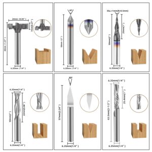 FoxAlien 1/4" Shank CNC Router Bit Essential Kit Includes 1/4" ER11 Collet, V-bit, End Mills, Chamfering Bit for Woodworking MDF Resin Carving Lettering Sign Making