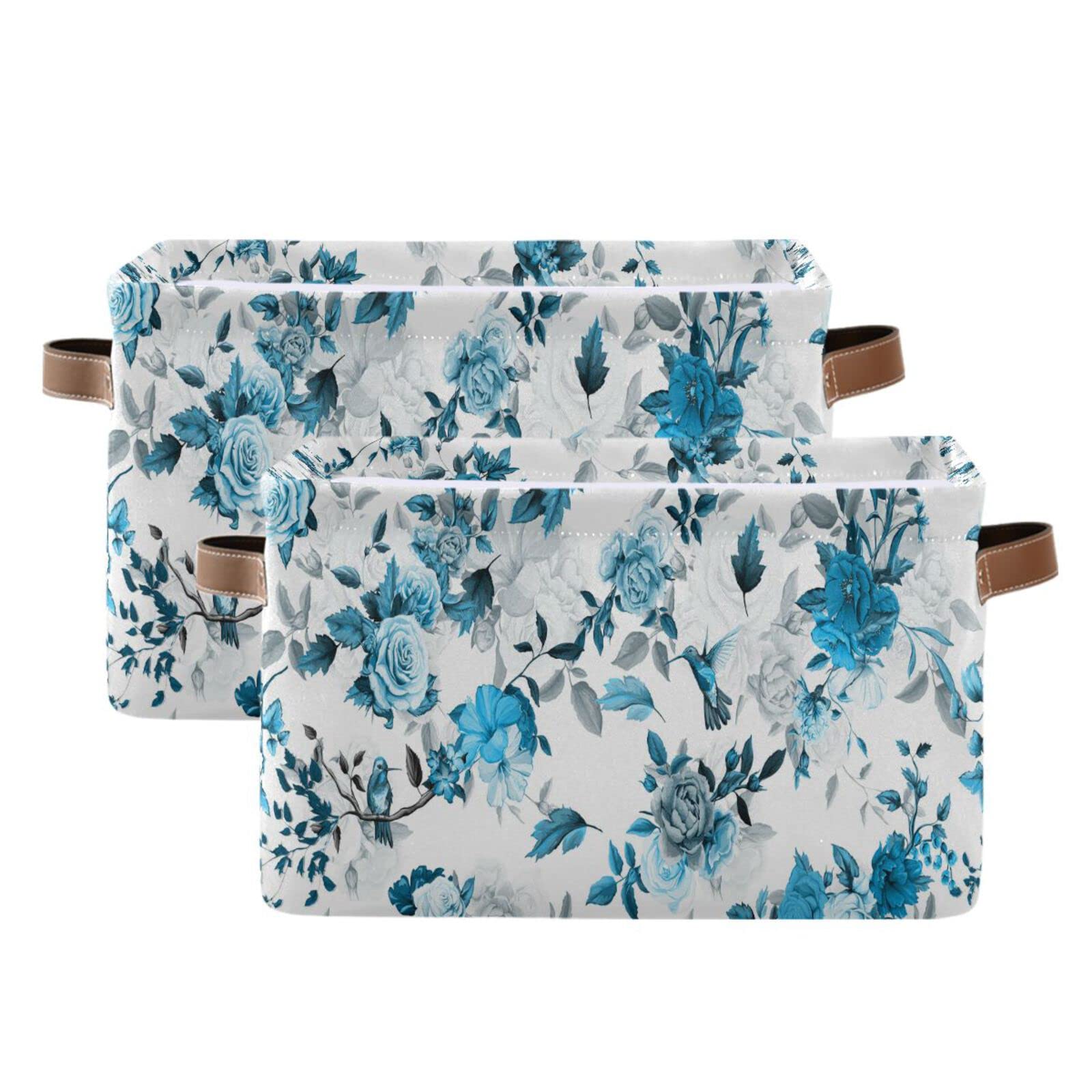 Blue Floral Leaves Hummingbird Storage Basket Spring Birds Flowers Home Storage Organizer Box Bin Large Collapsible Cube Baskets with PU Handles for Shelf Closet Nursery Laundry 2 Pack