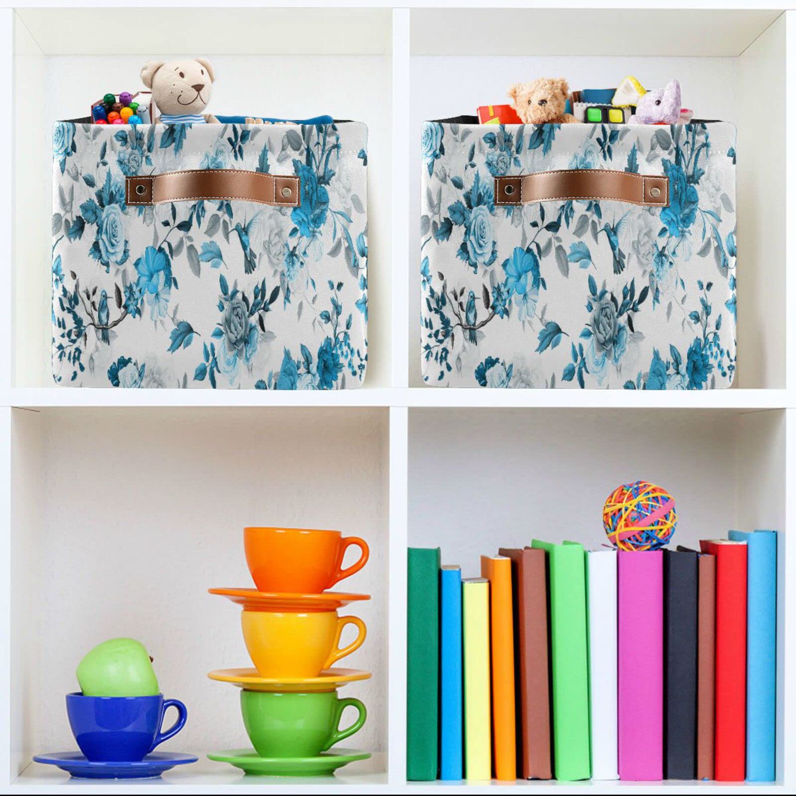 Blue Floral Leaves Hummingbird Storage Basket Spring Birds Flowers Home Storage Organizer Box Bin Large Collapsible Cube Baskets with PU Handles for Shelf Closet Nursery Laundry 2 Pack