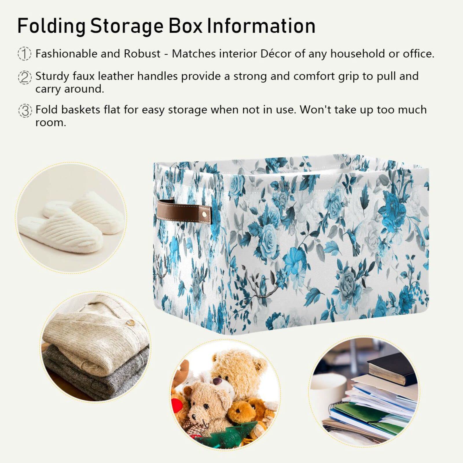 Blue Floral Leaves Hummingbird Storage Basket Spring Birds Flowers Home Storage Organizer Box Bin Large Collapsible Cube Baskets with PU Handles for Shelf Closet Nursery Laundry 2 Pack