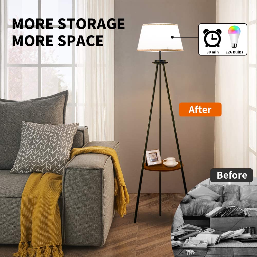 ELINKUME Modern Floor Lamp with Shelves, Dimmable Tripod Floor Lamp with E26 RGB Bulb, Remote & WiFi APP Control, Perfect for Reading and Storage Need in Living Room, Bedroom, and Office