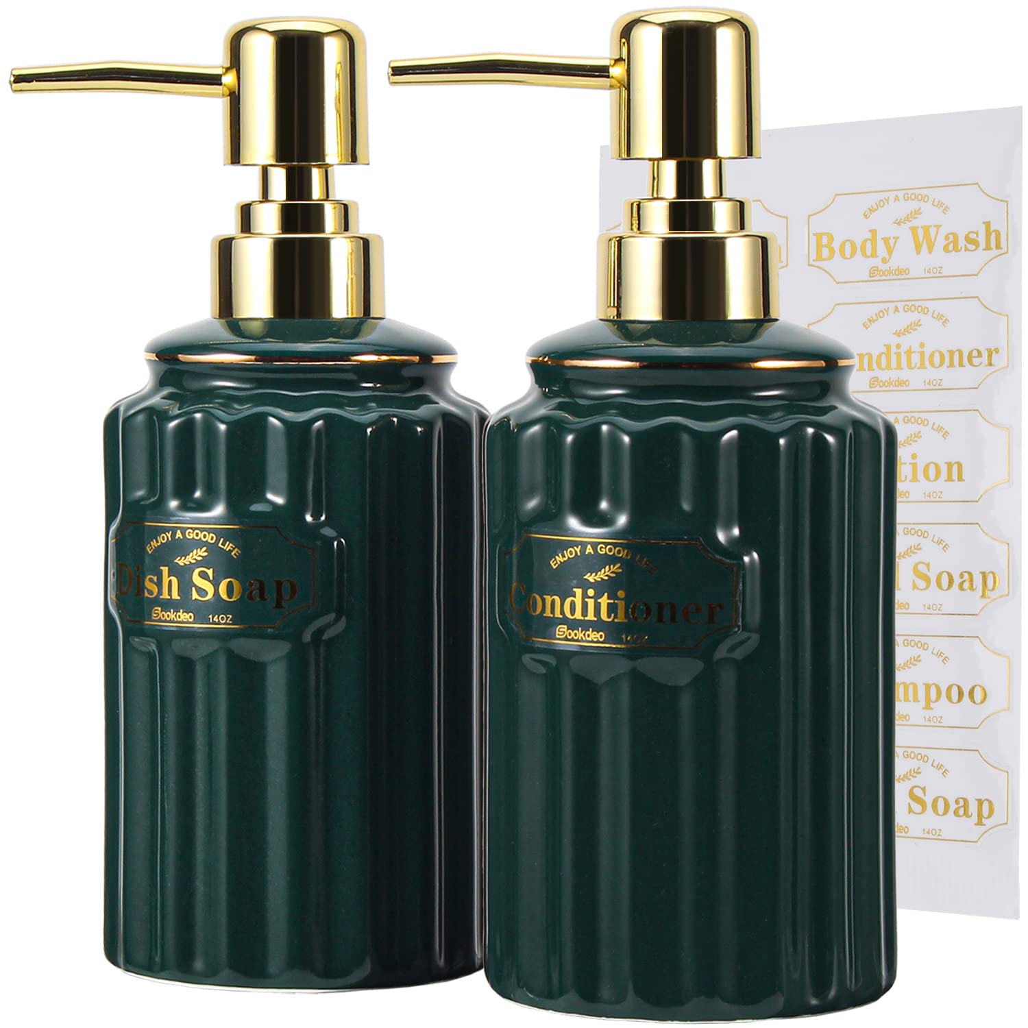 SOOKDEO Soap Dispensers, 14oz Ceramic Bottles with Gold Pumps & Waterproof Labels for Shampoo, Hand Soap, Dish Soap, Lotion, Body Wash - Ideal for Bathroom, Kitchen, Living Room, Set of 2 (Green)