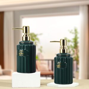 SOOKDEO Soap Dispensers, 14oz Ceramic Bottles with Gold Pumps & Waterproof Labels for Shampoo, Hand Soap, Dish Soap, Lotion, Body Wash - Ideal for Bathroom, Kitchen, Living Room, Set of 2 (Green)