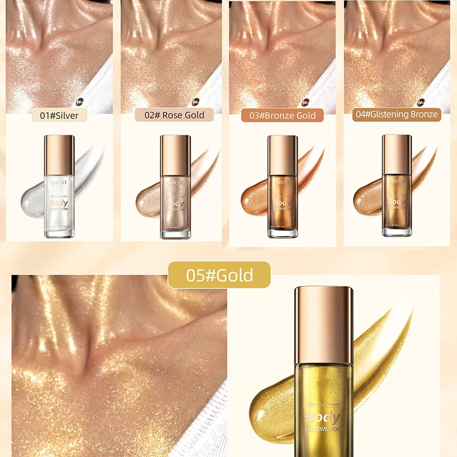 Melemando Moisturizing Body Luminizers 5 Colors Smooth and Shimmer Body Oil Long Lasting Liquid Body Highlighter for Face & Body & Leg (40ml, 02 Rose Gold)