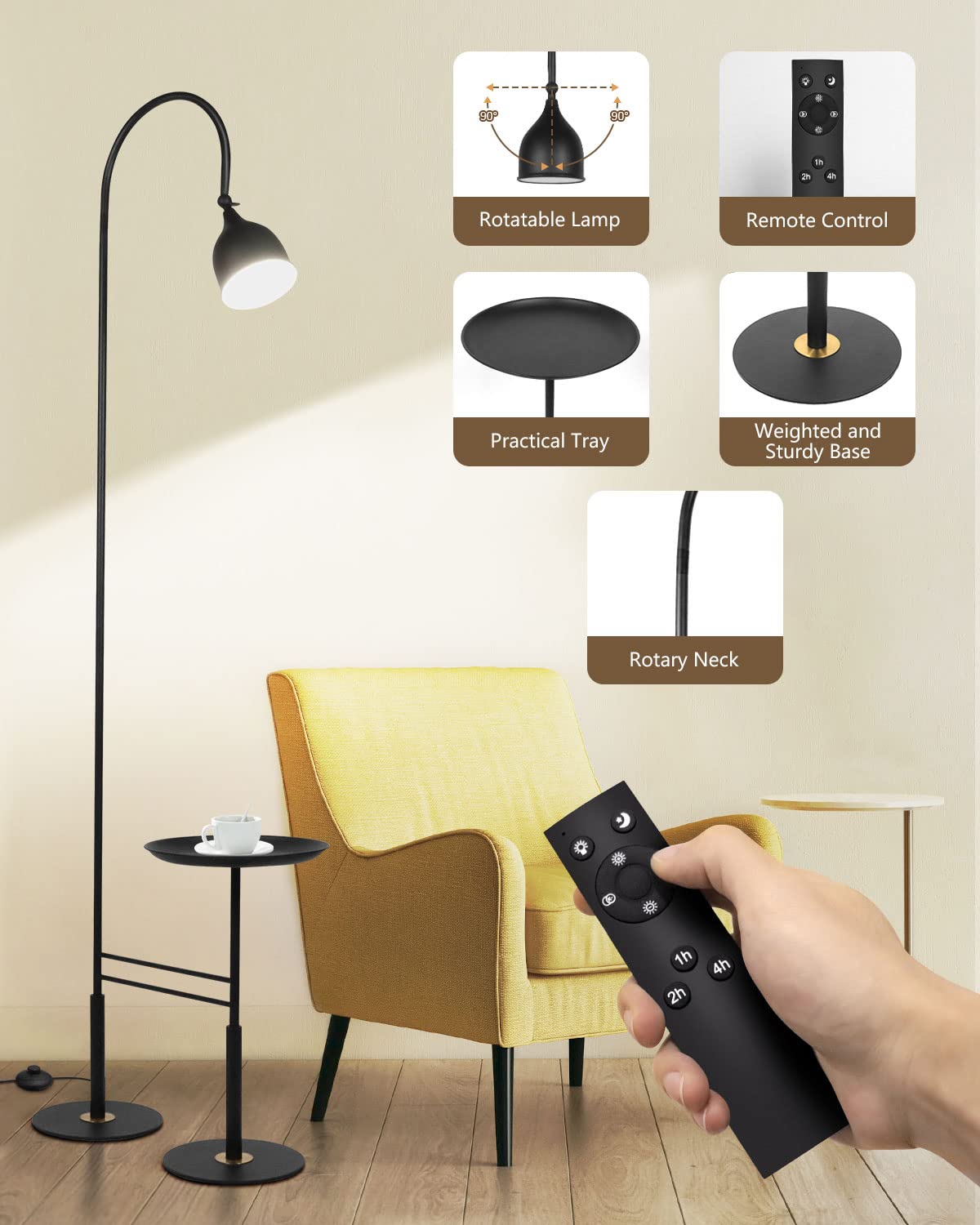 Modern Floor Lamp with Shelves -Bright Dimmable LED Floor Lamp for Living Room, Stepless Adjustable 3000K-6000K Colors & Brightness Standing Lamp with Remote, Black Reading Standing Lamp with Table