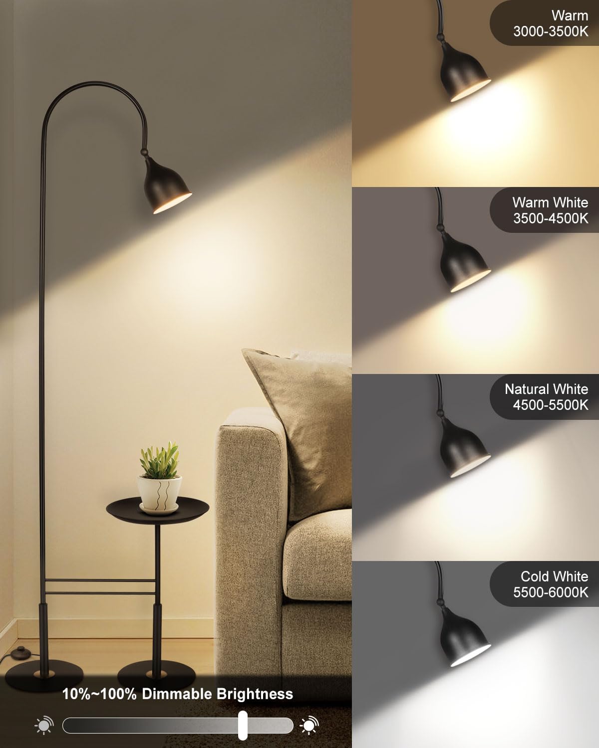 Modern Floor Lamp with Shelves -Bright Dimmable LED Floor Lamp for Living Room, Stepless Adjustable 3000K-6000K Colors & Brightness Standing Lamp with Remote, Black Reading Standing Lamp with Table