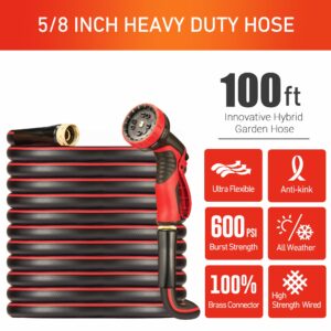 Palint Hybrid Garden Hose 100 ft x 5/8", Heavy Duty Flexible Lightweight No Kink Water Hose 100ft with 10 Function Sprayer Nozzle, 3/4'' Solid Brass Fittings, Ultra Durable, All-weather, Burst 600 PSI