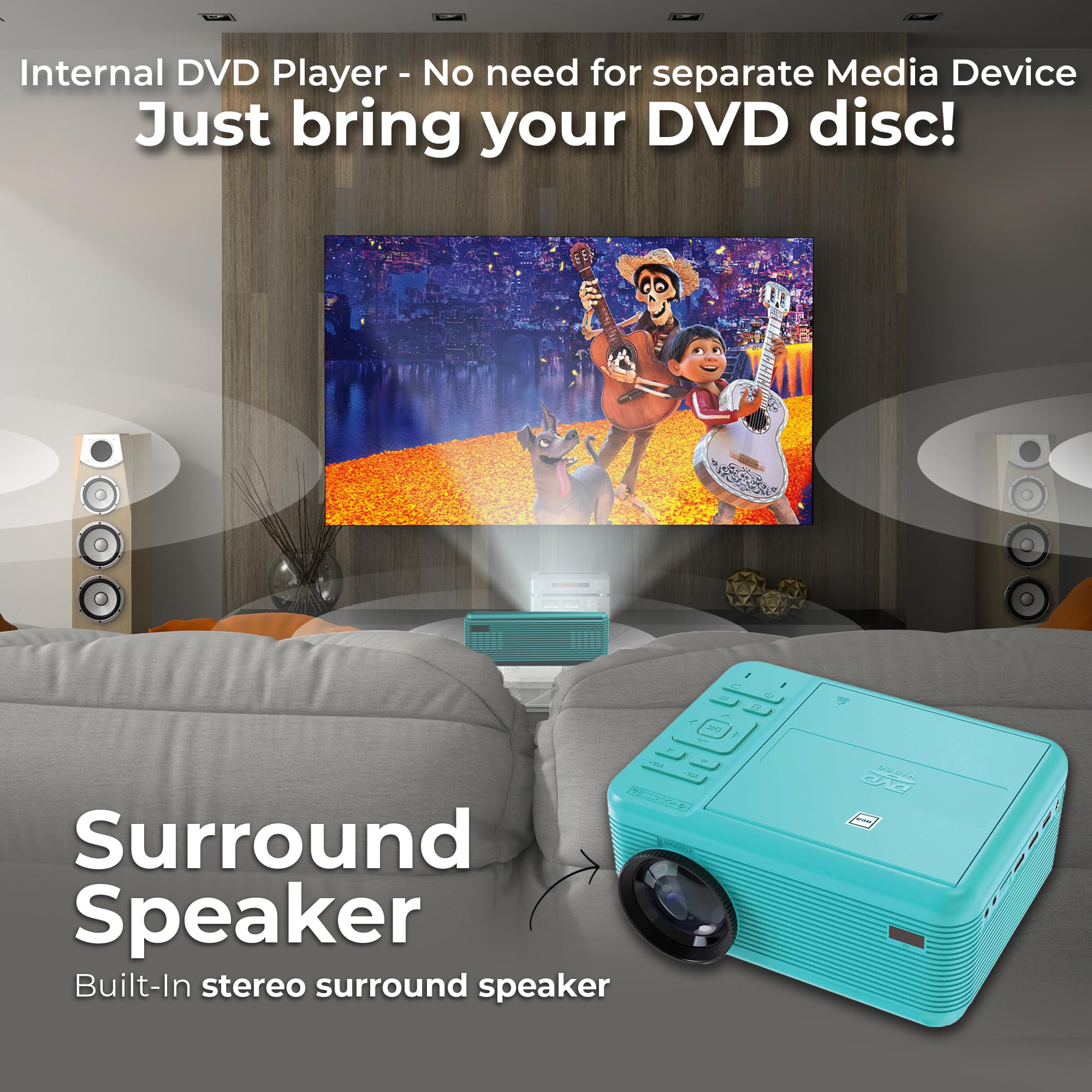 RCA PROJECTOR WITH BUILT-IN INTERNAL DVD PLAYER BLUETOOTH AND SPEAKER - Mini Portable - Indoor/Outdoor Projector and Screen Package - HDMI/AV/VGA/Micro SD Compatible - 1920x1080 Res