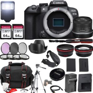 canon eos r10 mirrorless camera w/rf-s 18-45mm f/4.5-6.3 is stm lens + 2x 64gb memory + hood + case + filters + tripod & more (35pc bundle) (renewed)