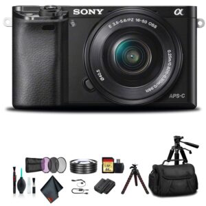 sony alpha a6000 mirrorless camera with 16-50mm lens black with soft bag, additional battery, 64gb memory card, card reader, plus essential accessories (renewed)