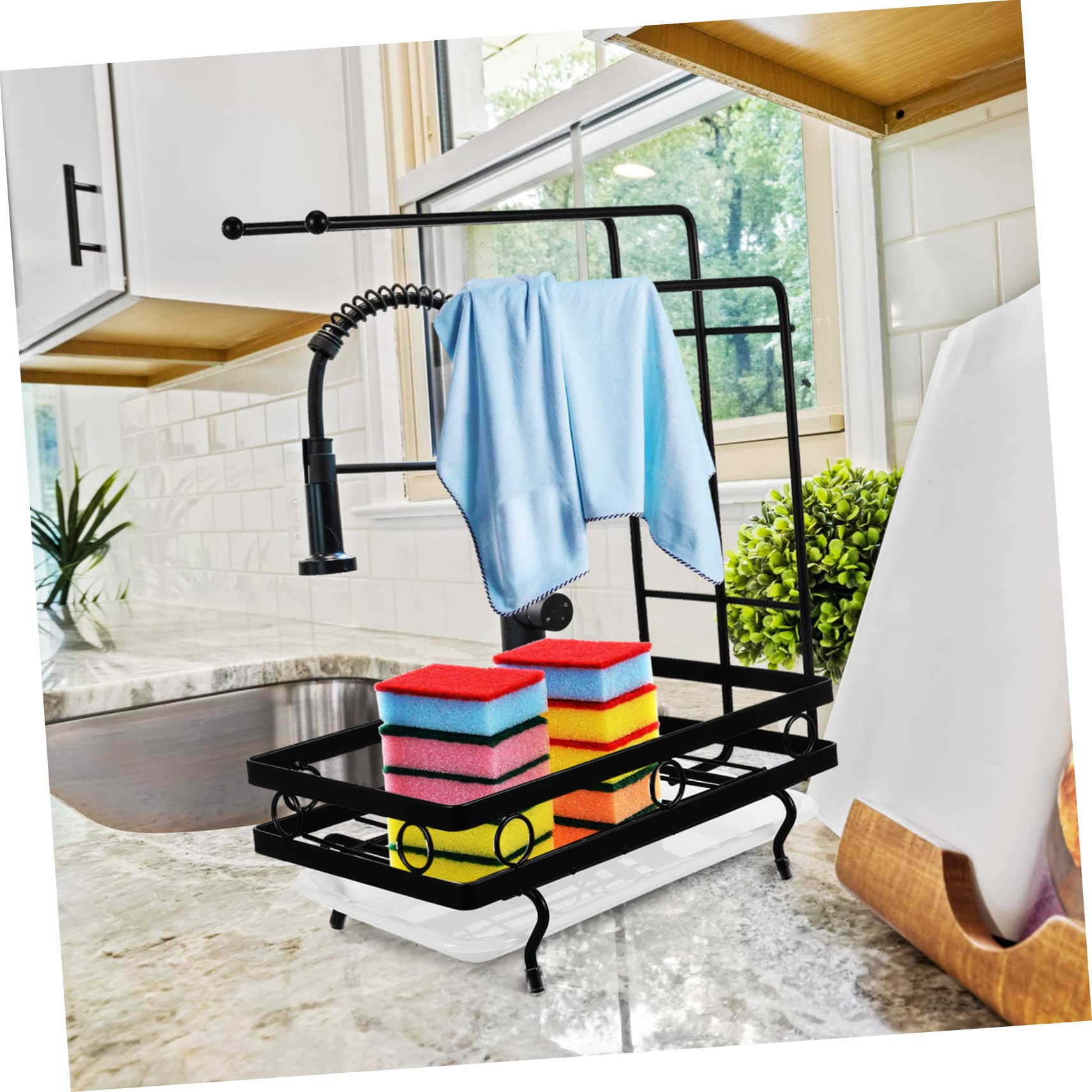 SHOWERORO Kitchen Rag Rack Dish Sink Tray Drainer Rack Kitchen Sink Rack Holder Sink Organizer Basket Sink Storage Rack Sink Scrubber Holder Cutlery Tray Sponge Carbon Steel Baby Tableware