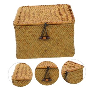 MAGICLULU Straw Storage Basket Wicker Storage Basket with Lid Kids Snack Containers Woven Basket with Lid Sundries Organizer Basket Seagrass Makeup Organizer Countertop Storage Basket Rattan