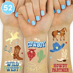 xo, fetti cowboy temporary tattoos for kids- 52 foil styles | rodeo, boys cowboy crafts, birthday party favors, western baby shower decorations