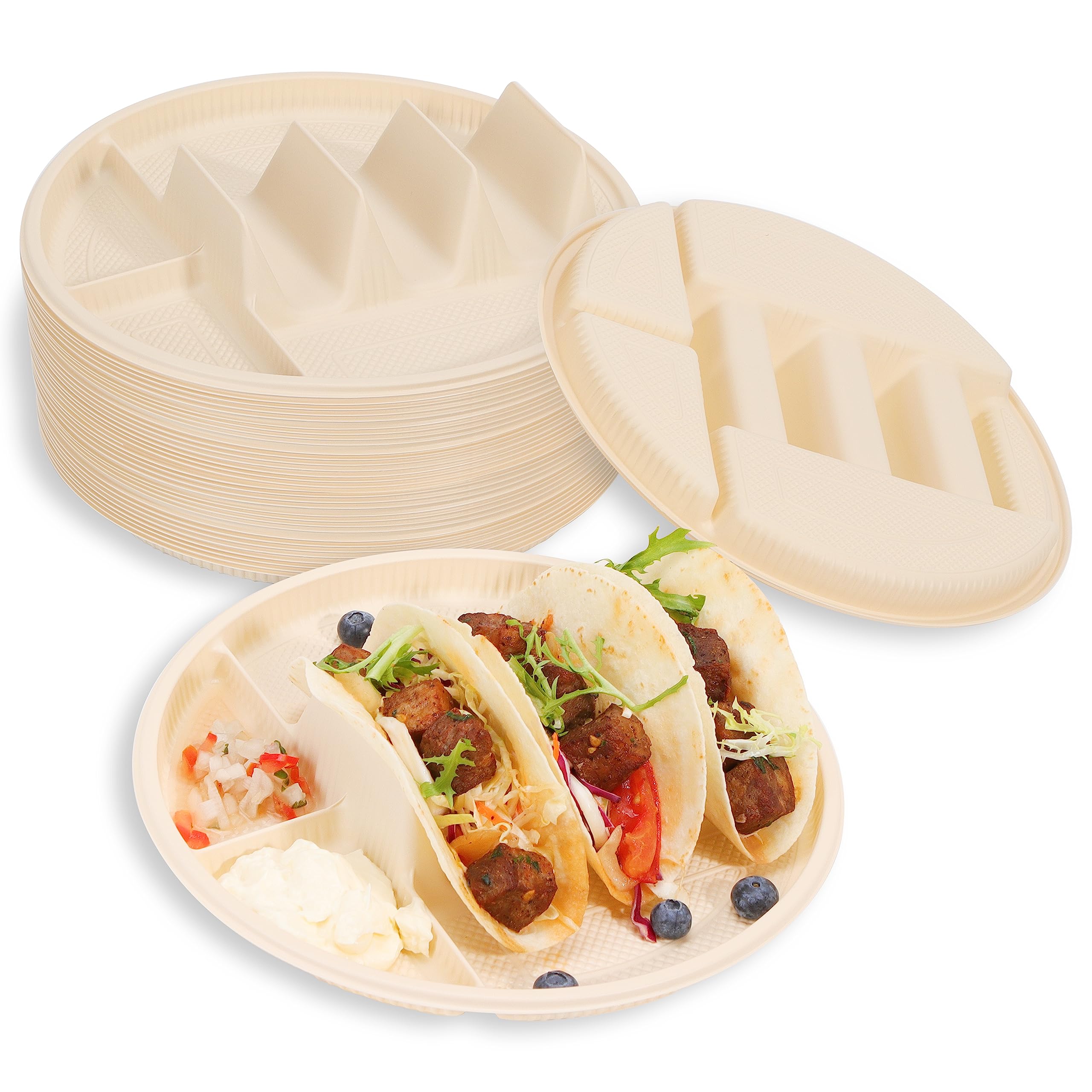 LUVCOSY 40 Pcs Large Disposable Taco Plates for Party, Cornstarch Taco Holder Plates with 2 Dipping Areas, Hold for 3 Tacos, Round Paper Taco Trays for Taco Night & Taco Tuesday, Microwave Safe