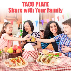 LUVCOSY 40 Pcs Large Disposable Taco Plates for Party, Cornstarch Taco Holder Plates with 2 Dipping Areas, Hold for 3 Tacos, Round Paper Taco Trays for Taco Night & Taco Tuesday, Microwave Safe