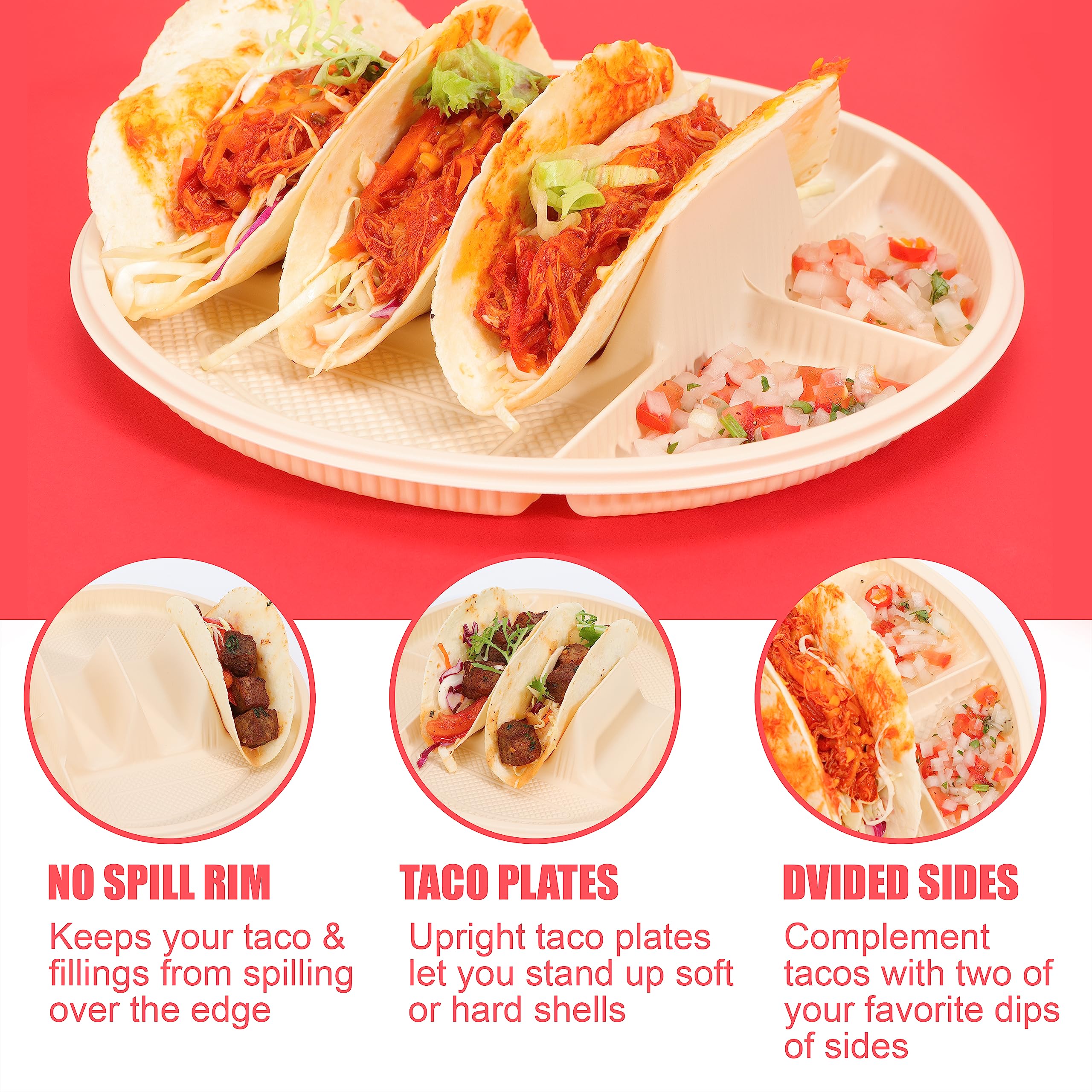 LUVCOSY 40 Pcs Large Disposable Taco Plates for Party, Cornstarch Taco Holder Plates with 2 Dipping Areas, Hold for 3 Tacos, Round Paper Taco Trays for Taco Night & Taco Tuesday, Microwave Safe