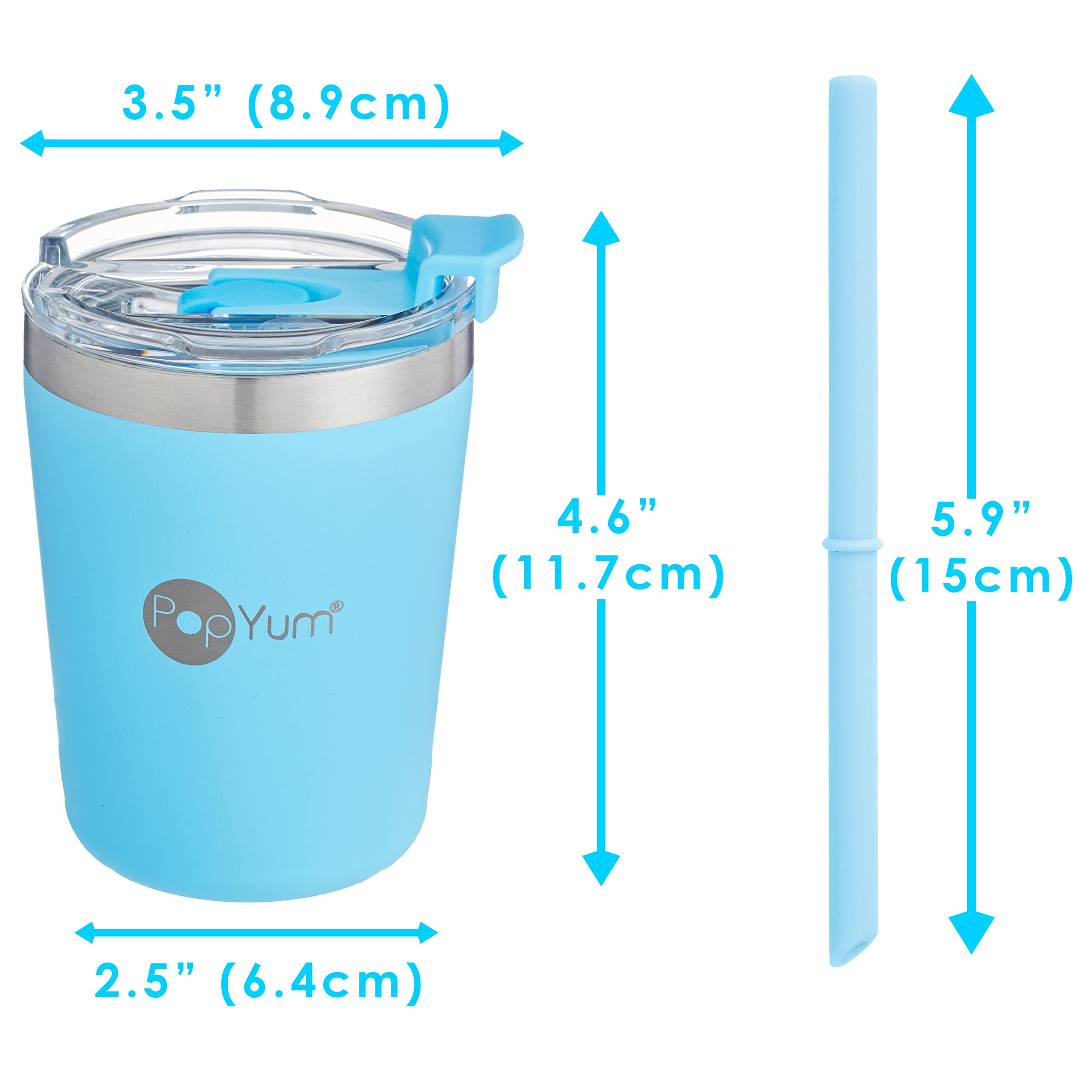 PopYum 9oz Insulated Stainless Steel Kids’ Cups with Lid and Straw, 2-Pack, Blue, Pink, stackable, sippy, baby, child, toddler, tumbler, double wall, vacuum, leak proof