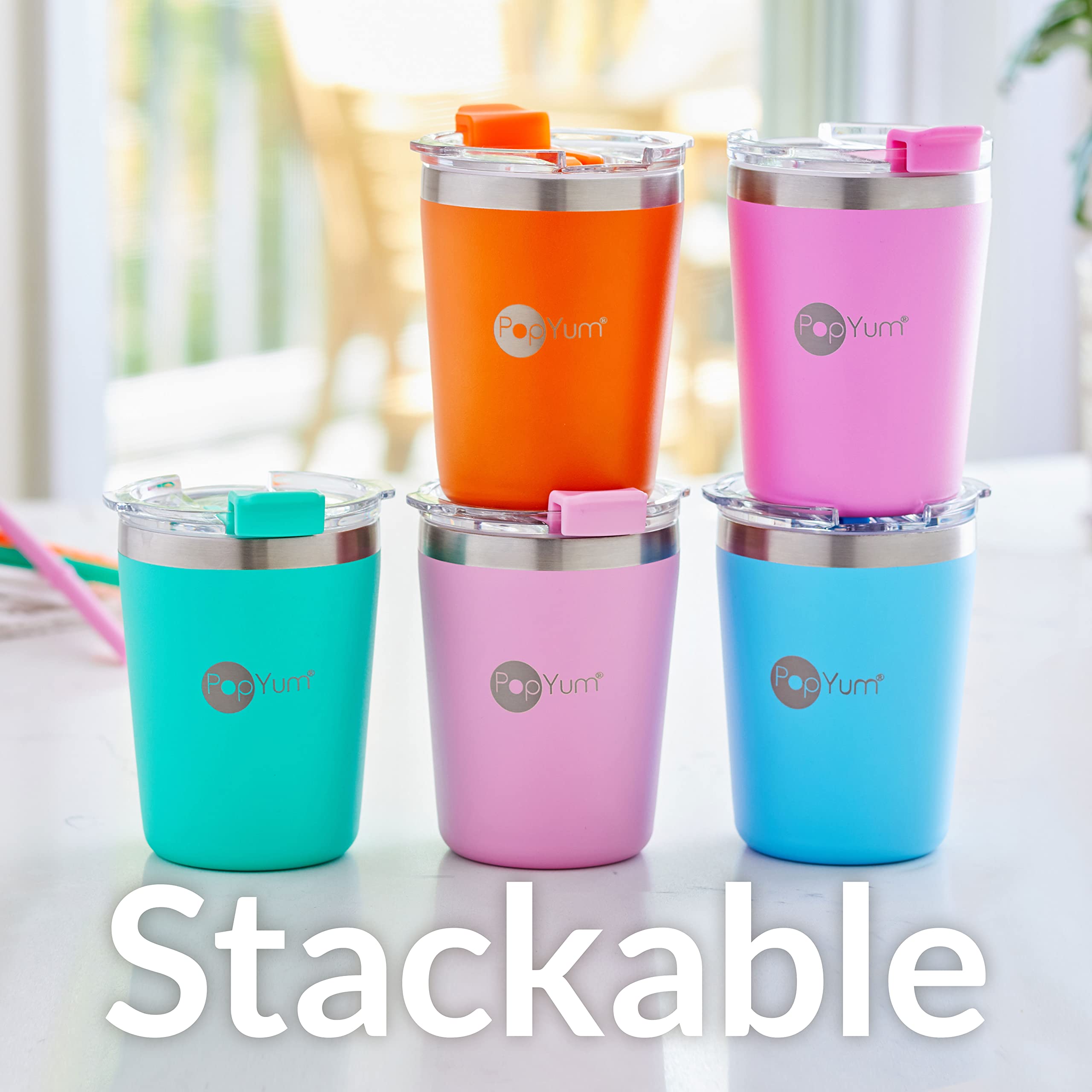 PopYum 9oz Insulated Stainless Steel Kids’ Cups with Lid and Straw, 2-Pack, Blue, Pink, stackable, sippy, baby, child, toddler, tumbler, double wall, vacuum, leak proof