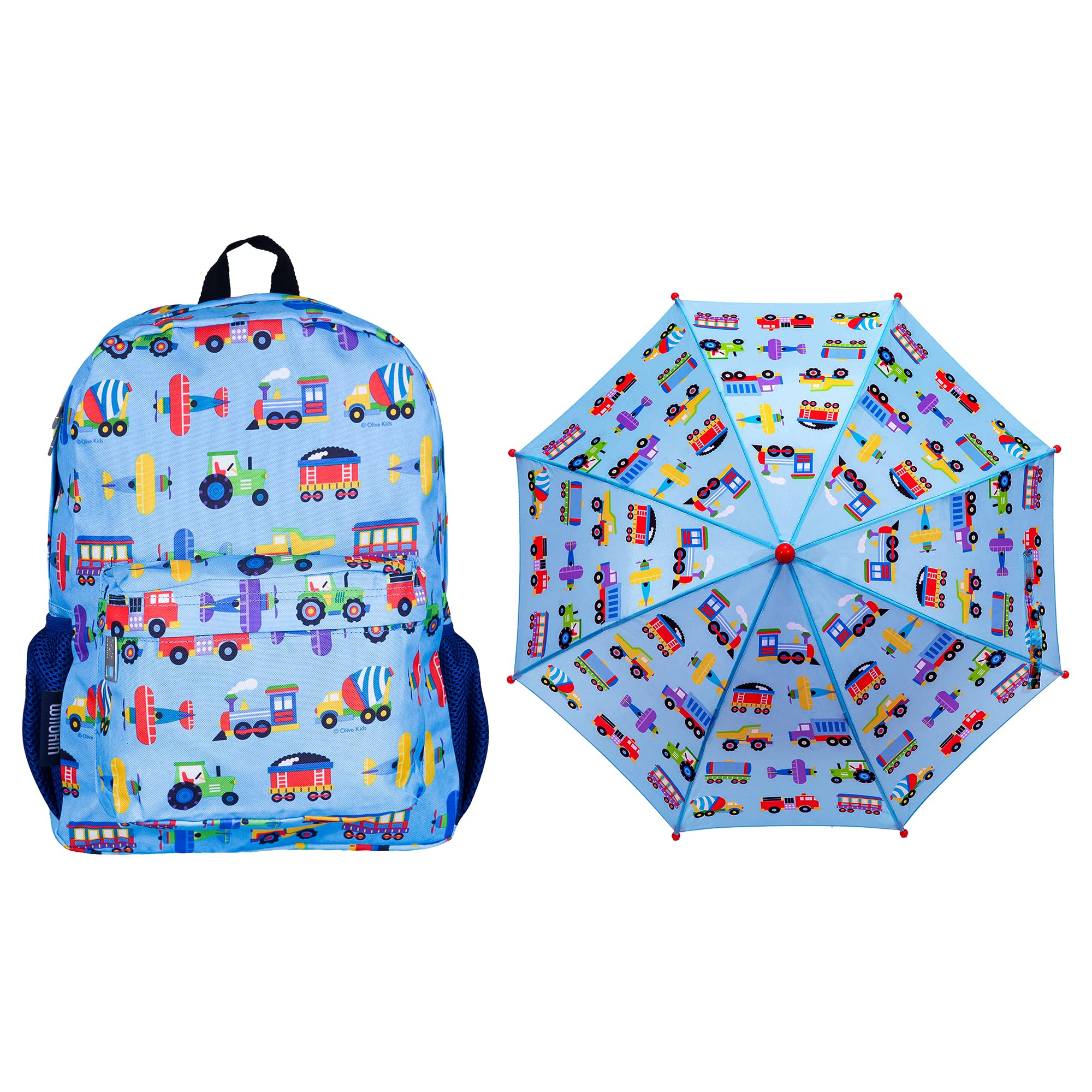 Wildkin Kids 16 Inch Backpack and Umbrella Bundle for On-The-Go Comfort (Trains, Planes & Trucks)