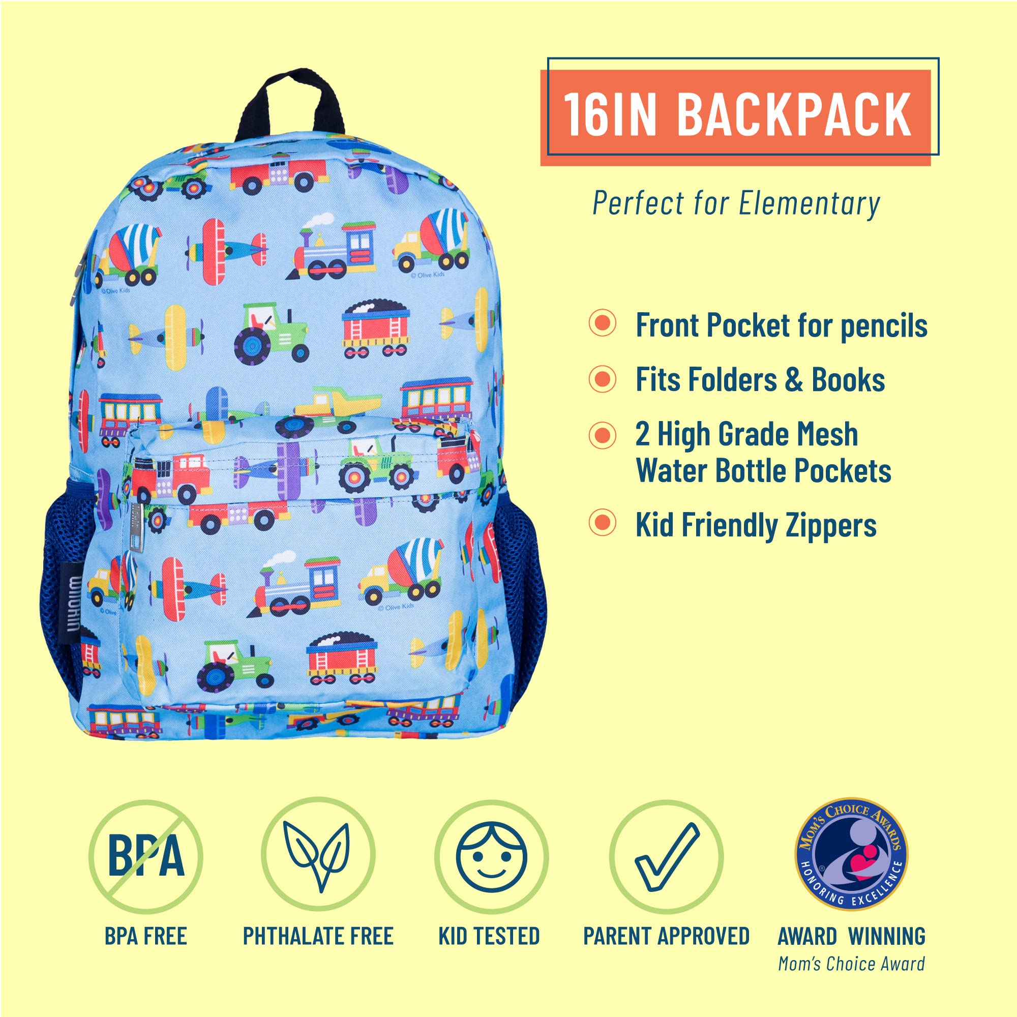 Wildkin Kids 16 Inch Backpack and Umbrella Bundle for On-The-Go Comfort (Trains, Planes & Trucks)