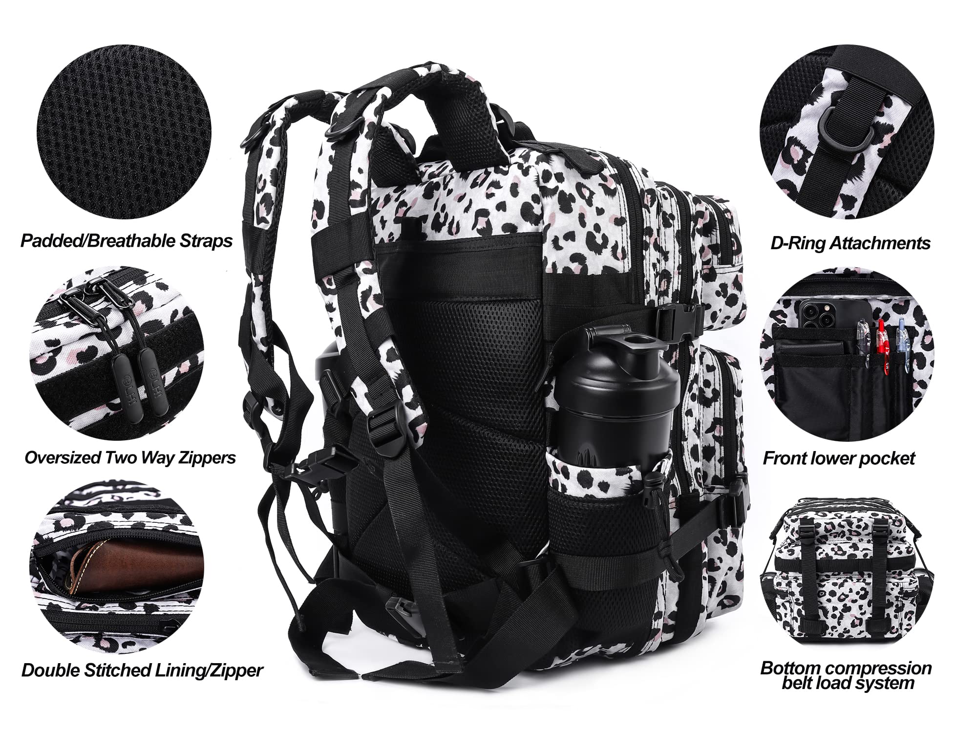 LHI Tactical Military Backpack for Men and Women 25L Army Assault Pack Bag Large Rucksack with Molle System - Leopard