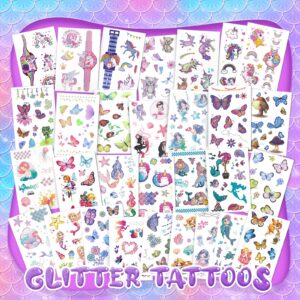 Sinmoe 30 Sheets 400 pieces Glitter Temporary Tattoos for Kids Waterproof Butterfly Mermaid Unicorn Cartoon Stickers Girls Glow Tattoo for Birthday Party Favors Goodie Bags Fillers (Unicorn)