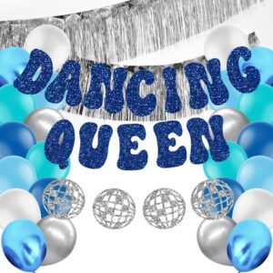 homezzo dancing queen party decorations, glitter dancing queen disco ball banner silver fringe banner for mamma mia party decorations birthday bridal shower bachelorette wedding party