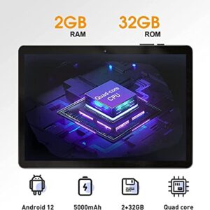 SGIN 10.1 Inches Tablet, 2GB RAM 32GB ROM, Android 12 Quad-Core Processor 1.6GHz, HD 2+5MP Dual Camera, IPS Touch Screen, 8 Hours Battery, WiFi, Bluetooth, 32GB TF Card Slot, Black