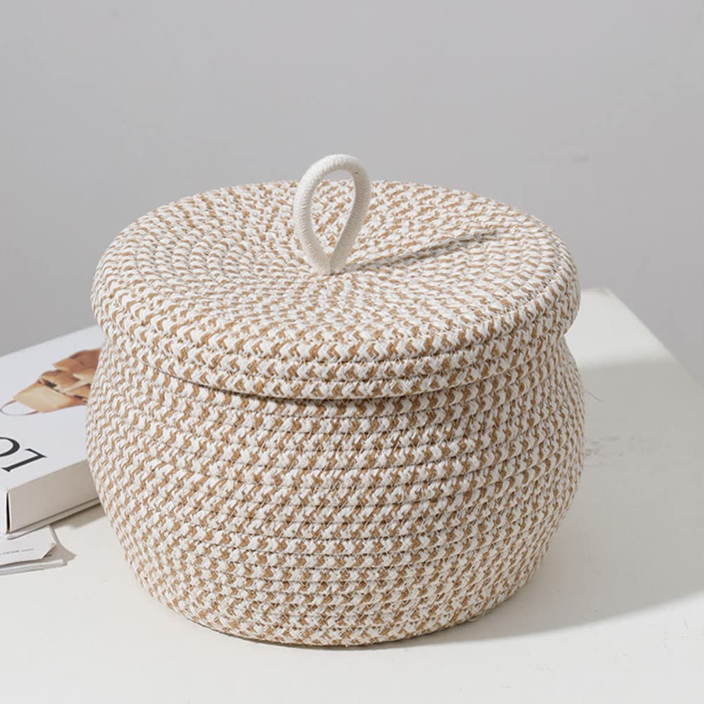 DOITOOL Cotton Rope Storage Basket with Lid, Round Basket with Lid, Decorative Small Woven Baskets for Organizing for Home Storage, Living Room