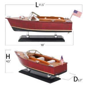 NAUTIMALL 10" Wooden Speedboat Model Ship Sailing runabout 1/27 Scale Replica Nautical Decoration (10”, Burgundy)