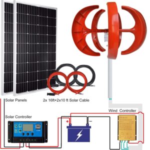 Pikasola Wind Turbine Vertical Axis Generator 200W12V + 2 PCS 100W 12V Monocrystalline Solar Panel Kits Suit for RV Marine Home Solar Wind Hybrid System