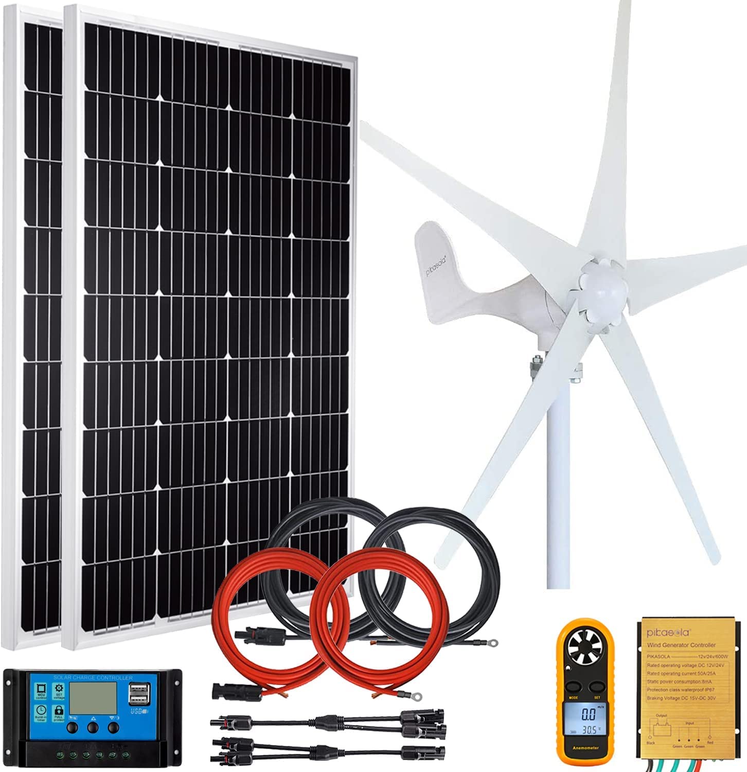 Pikasola 24V Wind Turbine Generator 400W + 200W Monocrystalline Solar Panel Kits suit for RV Marine Home Solar Wind Hybrid System