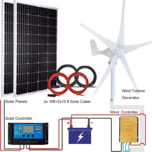 Pikasola 24V Wind Turbine Generator 400W + 200W Monocrystalline Solar Panel Kits suit for RV Marine Home Solar Wind Hybrid System