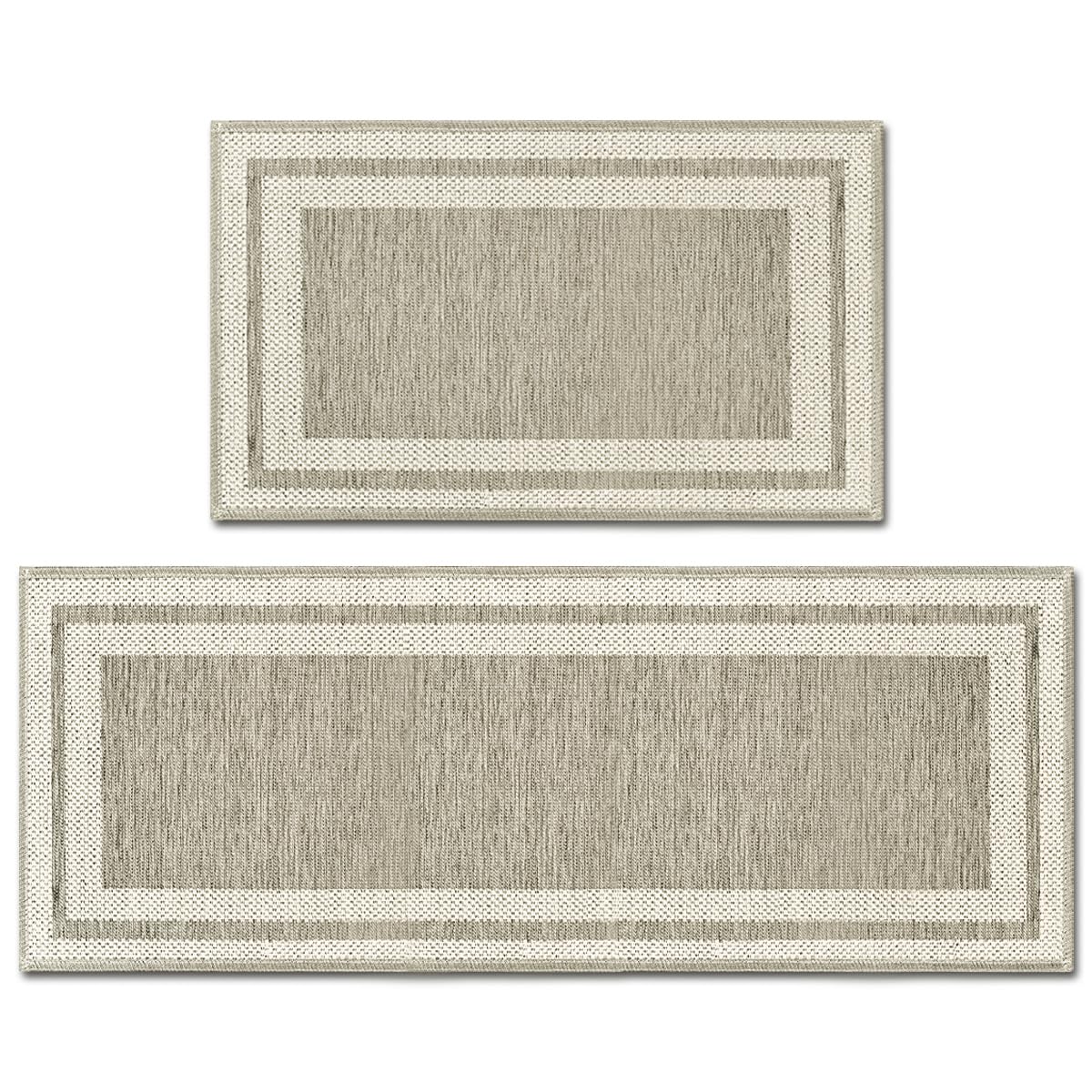 Artoid Mode Rubber Non-Slip Washable Absorbent Kitchen Rugs and Mats Set of 2, Kitchen Mats for Floor Kitchen Runner Hallway Laundry Room in Front of Sink Beige Grey - 17x29 and 17x47 Inch