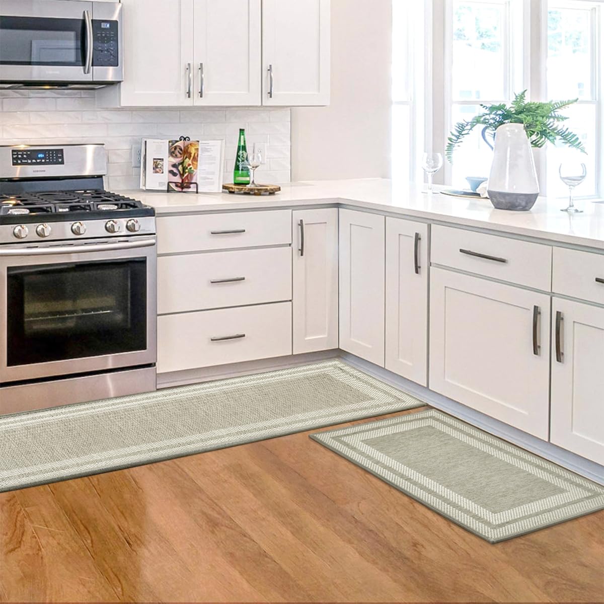 Artoid Mode Rubber Non-Slip Washable Absorbent Kitchen Rugs and Mats Set of 2, Kitchen Mats for Floor Kitchen Runner Hallway Laundry Room in Front of Sink Beige Grey - 17x29 and 17x47 Inch