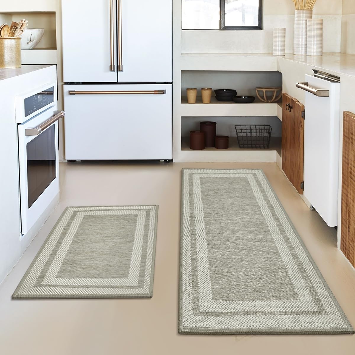 Artoid Mode Rubber Non-Slip Washable Absorbent Kitchen Rugs and Mats Set of 2, Kitchen Mats for Floor Kitchen Runner Hallway Laundry Room in Front of Sink Beige Grey - 17x29 and 17x47 Inch