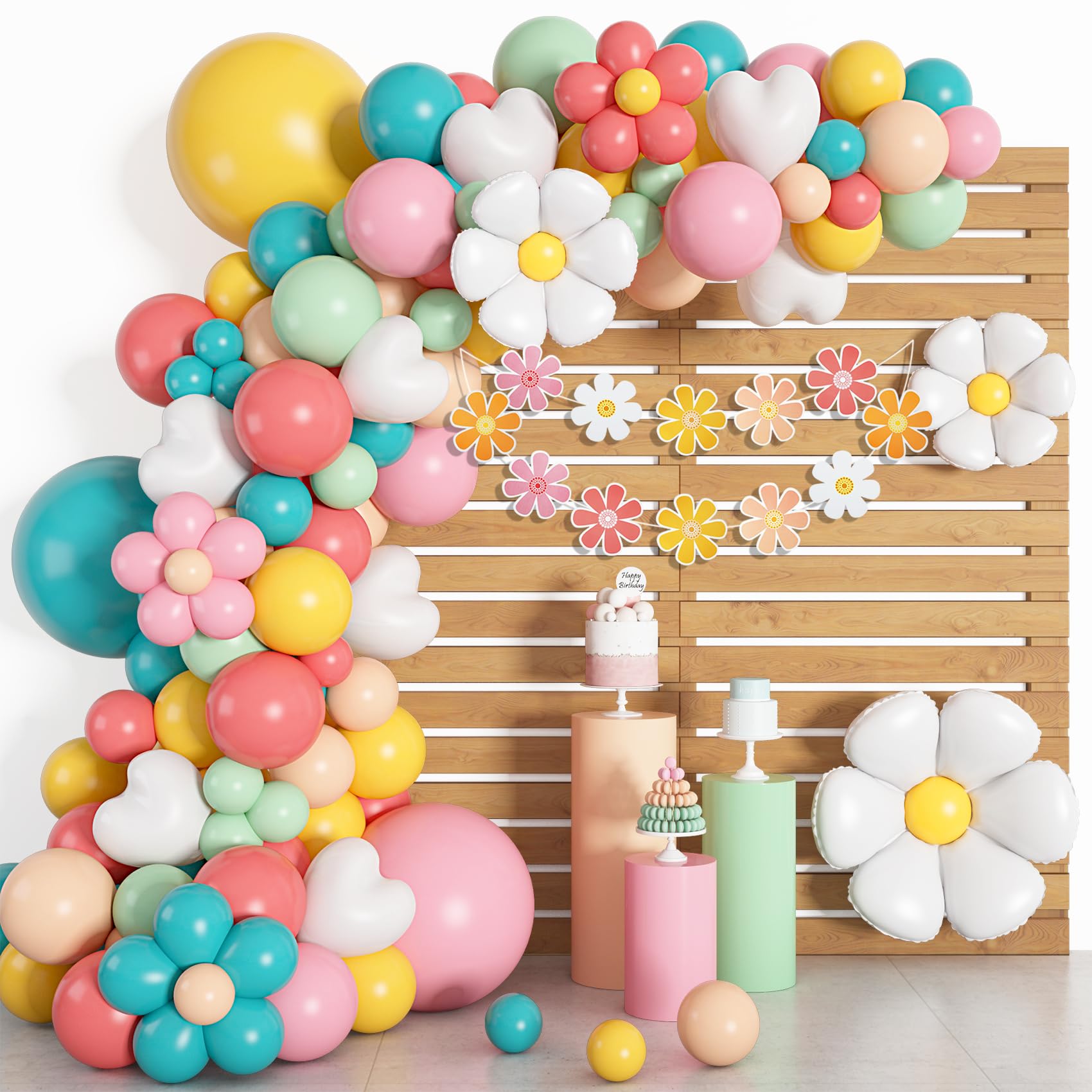 161pcs Daisy Balloon Garland Arch Kit, Pastel Groovy Flower Party Decorations with Pink Yellow Orange Blue Green Daisy Banners for Baby Shower Daisy Retro Hippie Two Groovy Boho Birthday Party Decor