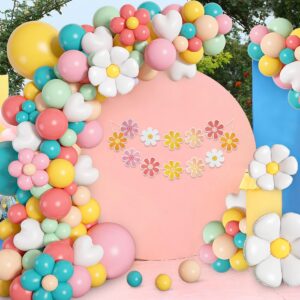 161pcs Daisy Balloon Garland Arch Kit, Pastel Groovy Flower Party Decorations with Pink Yellow Orange Blue Green Daisy Banners for Baby Shower Daisy Retro Hippie Two Groovy Boho Birthday Party Decor