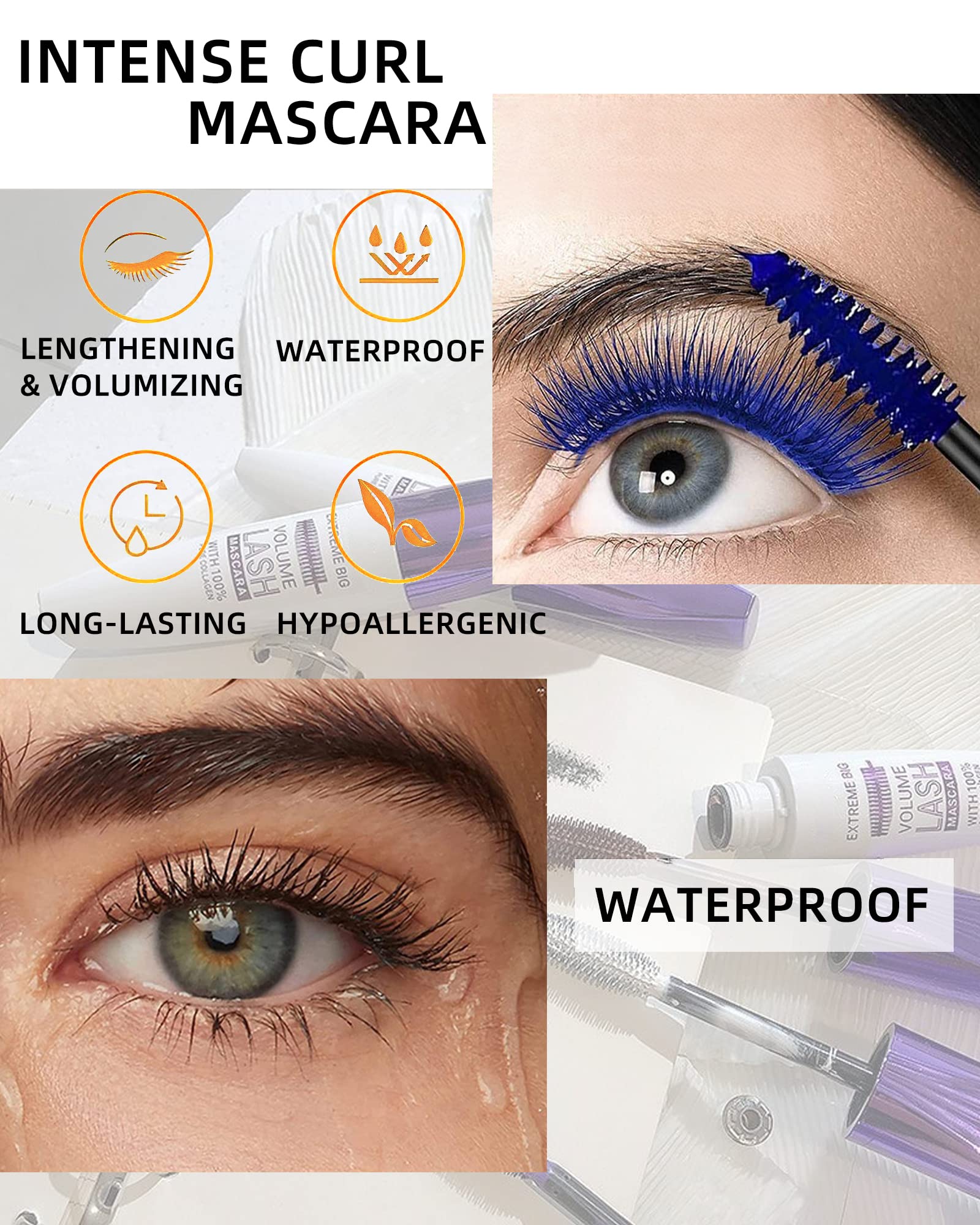 5D Purple Mascara Volume and Length -1Pcs Waterproof Smudge-Proof Color Mascara for Eyelashes, Volumizing Curling Defining Eye Lashes, Longwear Fiber Colored Mascara for Women Girl Eye Makeup