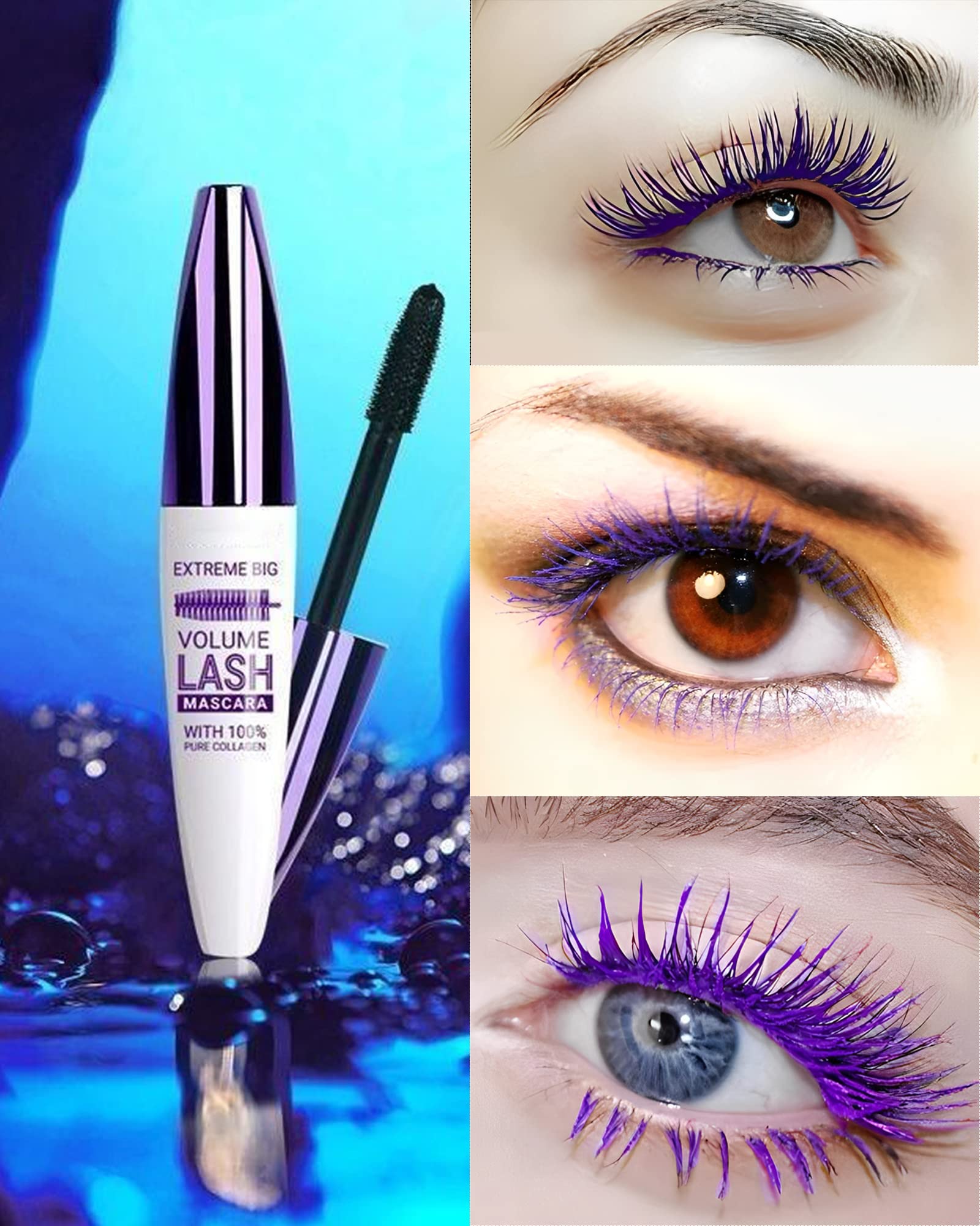 5D Purple Mascara Volume and Length -1Pcs Waterproof Smudge-Proof Color Mascara for Eyelashes, Volumizing Curling Defining Eye Lashes, Longwear Fiber Colored Mascara for Women Girl Eye Makeup